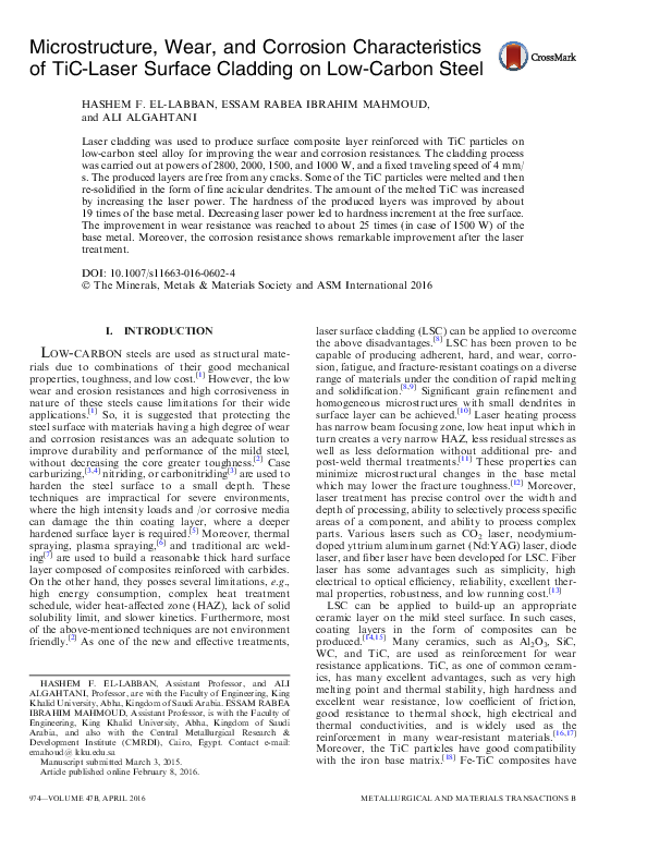 (PDF) Microstructure, Wear, and Corrosion Characteristics of TiC-Laser Surface Cladding on Low ...