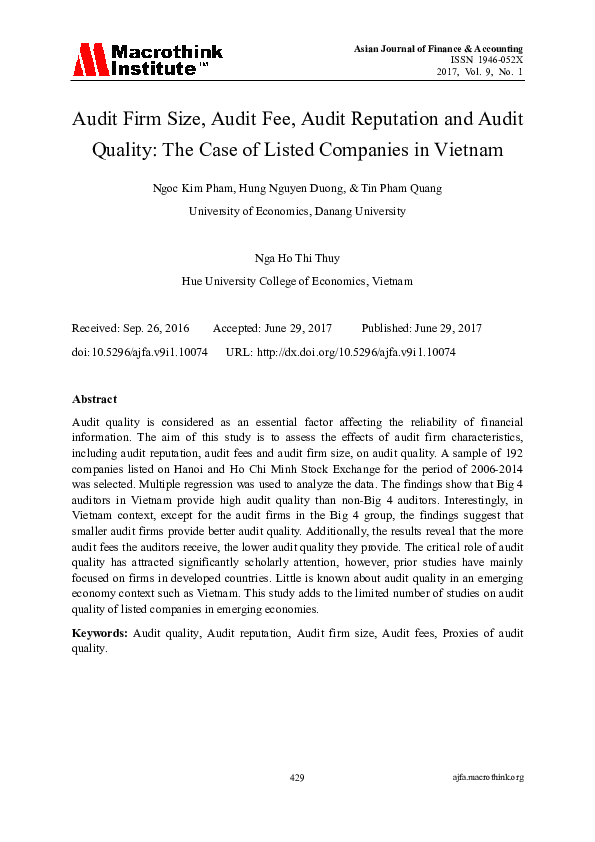 (PDF) Audit Firm Size, Audit Fee, Audit Reputation and Audit Quality ...