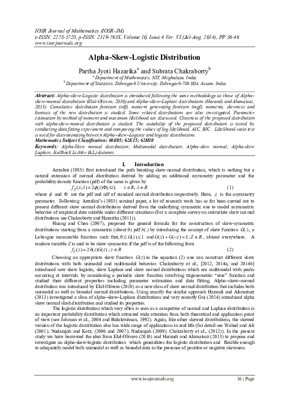 (PDF) Alpha-Skew-Logistic Distribution | Partha Hazarika - Academia.edu