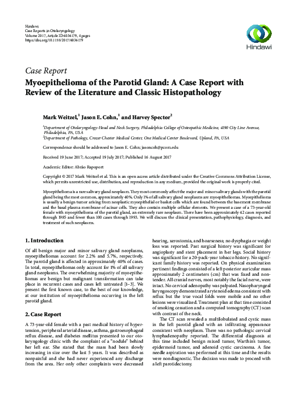 (PDF) Myoepithelioma of the Parotid Gland: A Case Report with Review of ...
