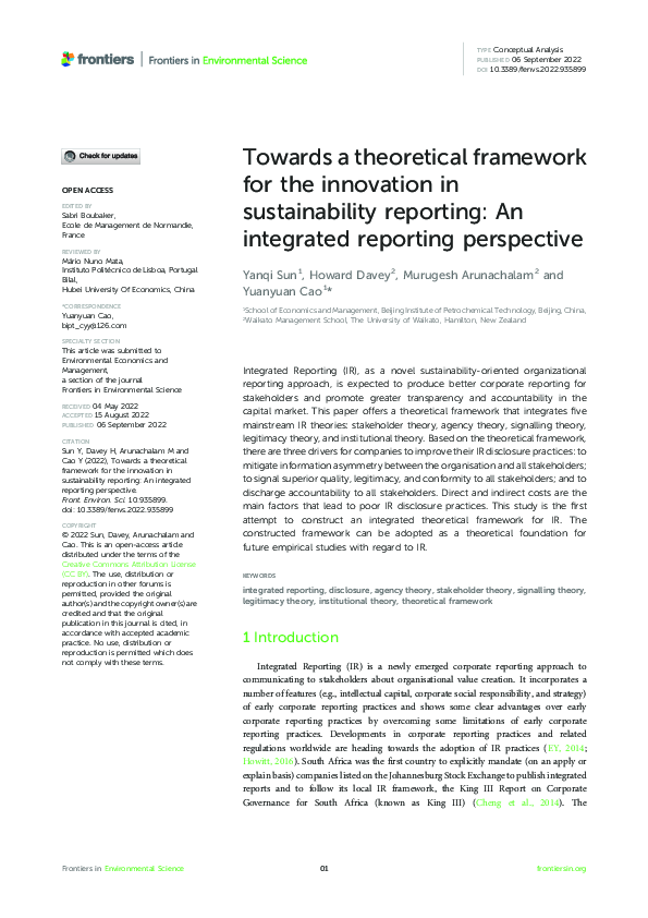 (PDF) Towards a theoretical framework for the innovation in sustainability reporting: An ...