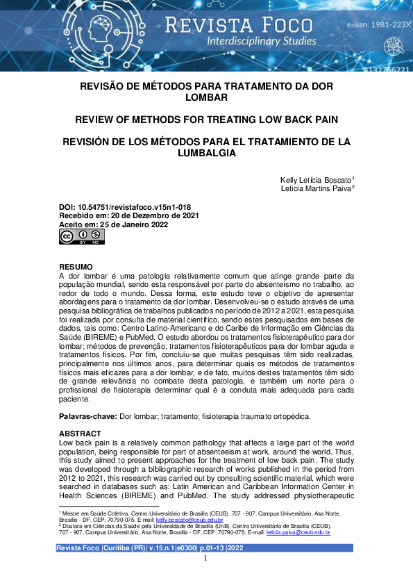 (PDF) Revisão De Métodos Para Tratamento Da Dor Lombar