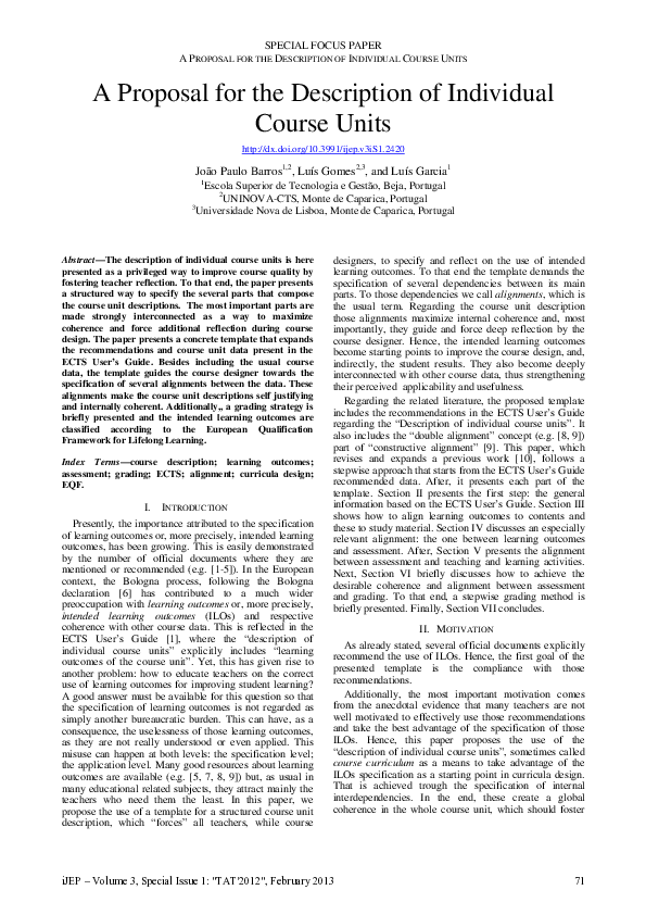 (PDF) A Proposal for the Description of Individual Course Units