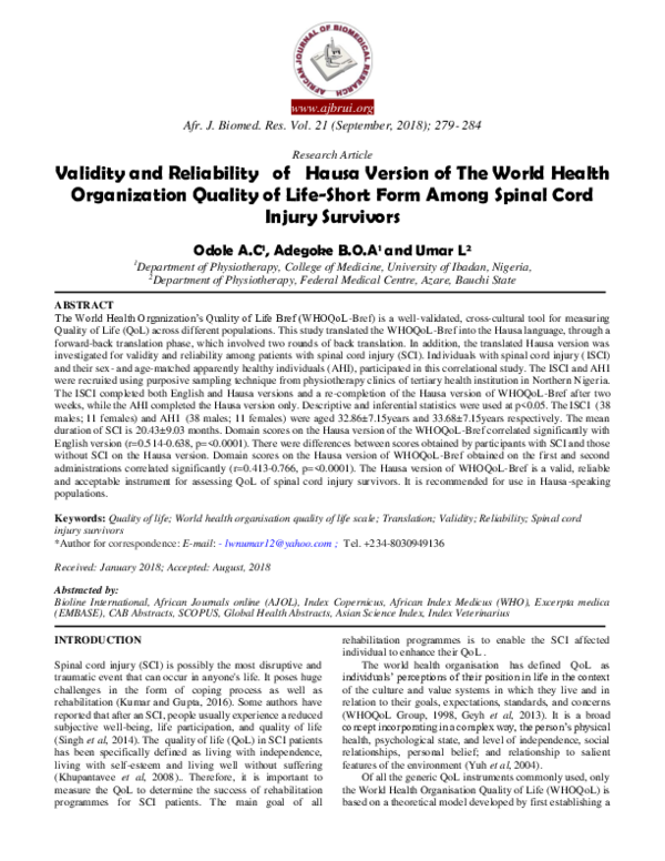 (PDF) Validity and Reliability of Hausa Version of The World Health Organization Quality of Life ...