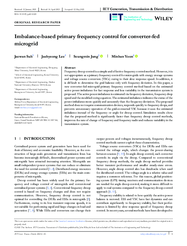 (PDF) Imbalance‐based primary frequency control for converter‐fed microgrid