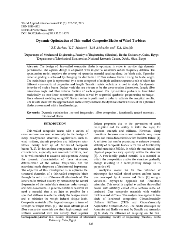 Pdf Dynamic Optimization Of Thin Walled Composite Blades Of Wind Turbines