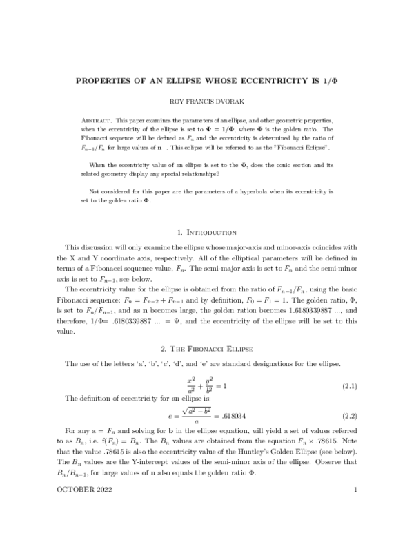 (PDF) PROPERTIES OF AN ELLIPSE WHOSE ECCENTRICITY IS 1/Φ
