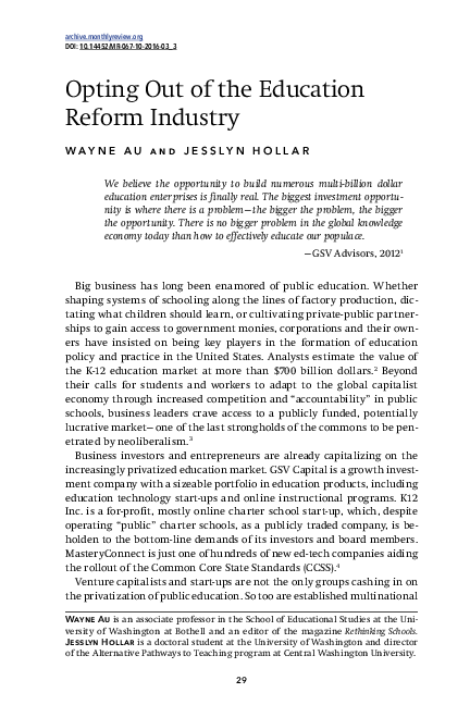 (PDF) Opting Out of the Education Reform Industry