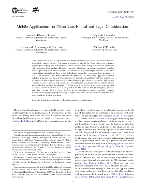 (PDF) Mobile applications for client use: Ethical and legal considerations