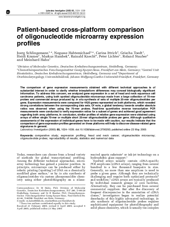 (PDF) Patient-based cross-platform comparison of oligonucleotide microarray expression profiles