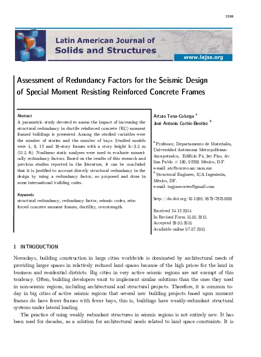 (PDF) Assessment of Redundancy Factors for the Seismic Design of Special Moment Resisting ...