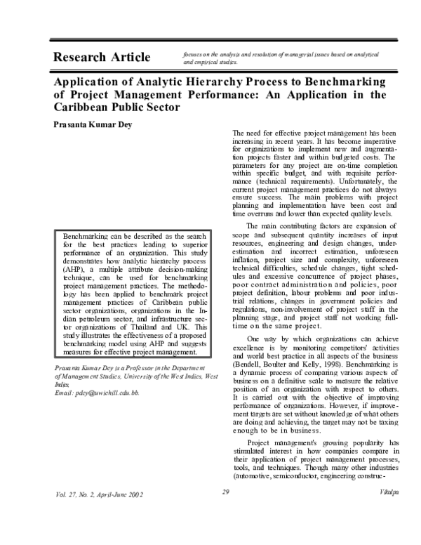 Pdf Application Of Analytic Hierarchy Process To Benchmarking Of Project Management