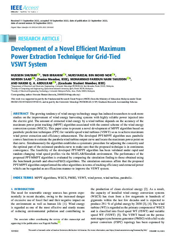 (PDF) Development of a Novel Efficient Maximum Power Extraction Technique for Grid-Tied VSWT System