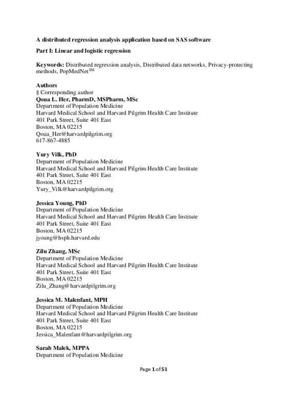 (PDF) A distributed regression analysis application based on SAS software. Part I: Linear and ...