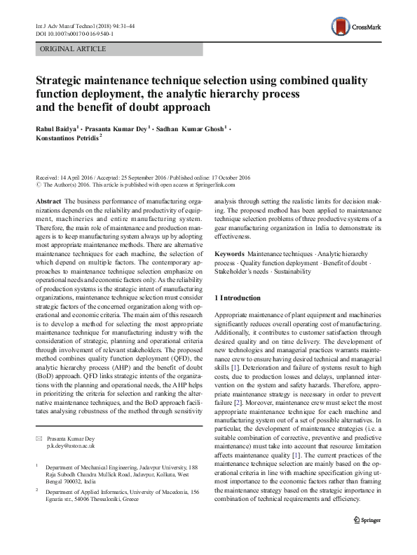 (PDF) Strategic maintenance technique selection using combined quality function deployment, the ...