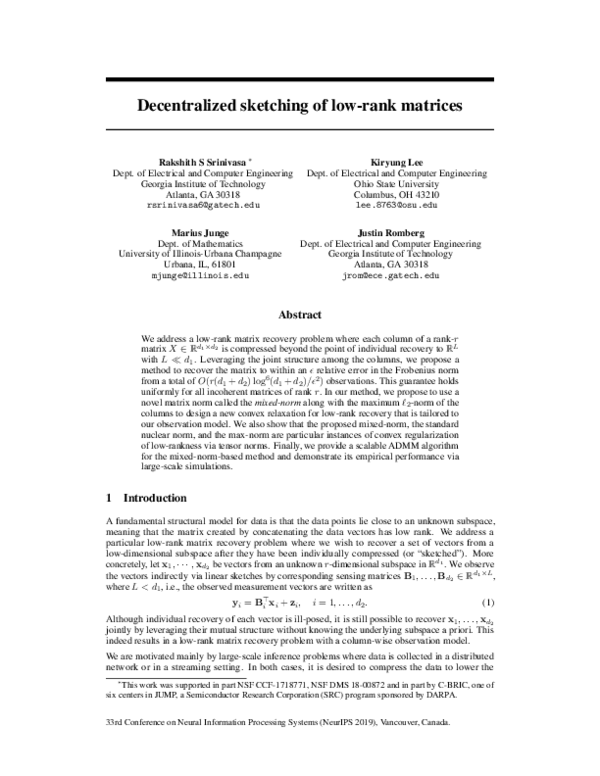 (PDF) Decentralized sketching of low rank matrices