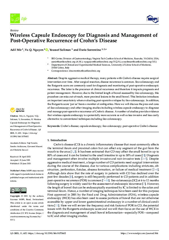 (PDF) Wireless Capsule Endoscopy for Diagnosis and Management of Post ...