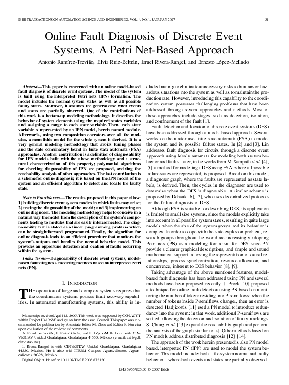 (PDF) Online Fault Diagnosis of Discrete Event Systems. A Petri Net-Based Approach