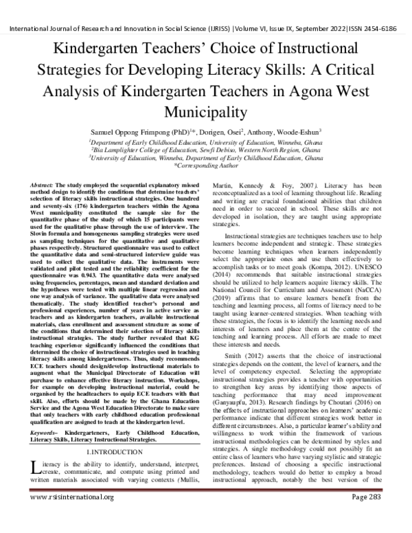 (PDF) Kindergarten Teachers' Choice of Instructional Strategies for Developing Literacy Skills ...