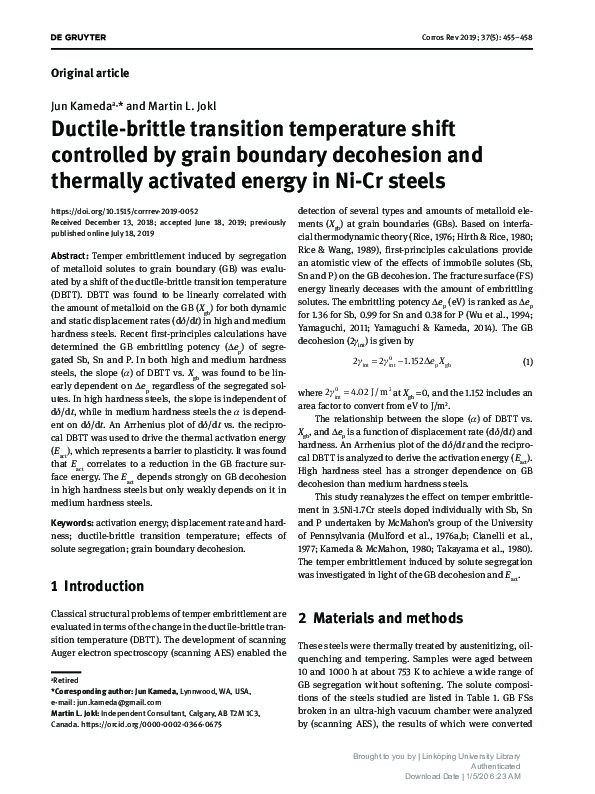 Pdf Grain Boundary Influence On Dbtt In Ni Cr Steels