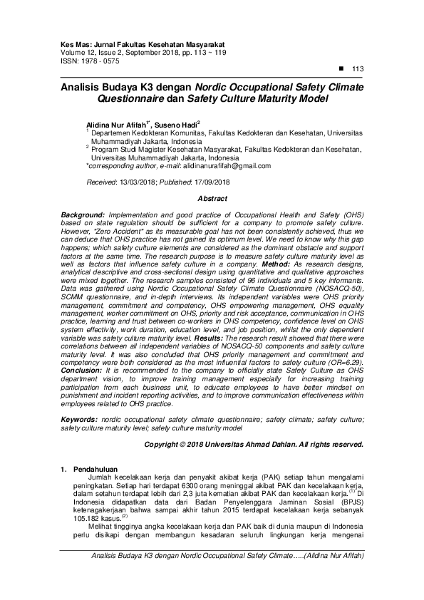 (PDF) Analisis Budaya K3 dengan Nordic Occupational Safety Climate ...