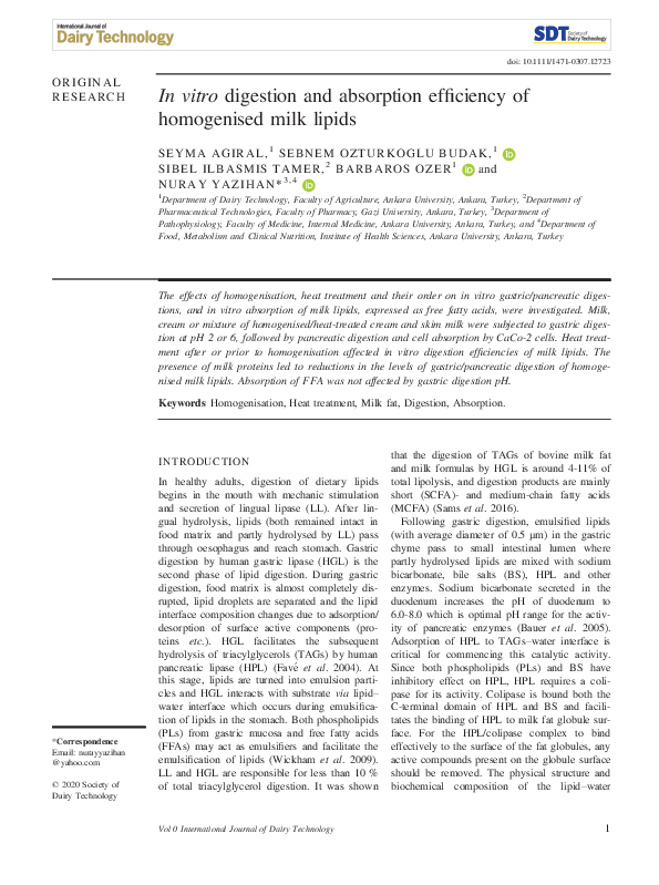 In vitro digestion and absorption efficiency of homogenised milk lipids