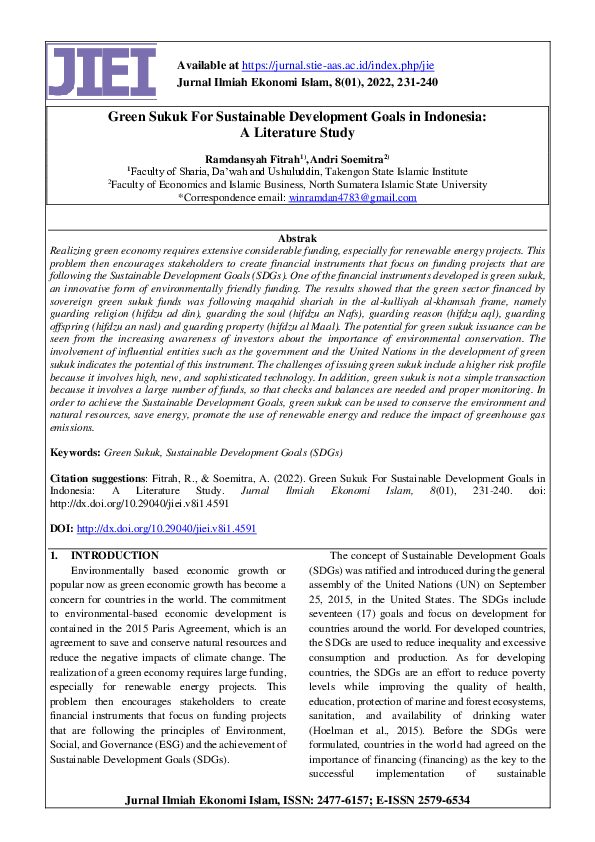 (PDF) Green Sukuk For Sustainable Development Goals in Indonesia: A Literature Study