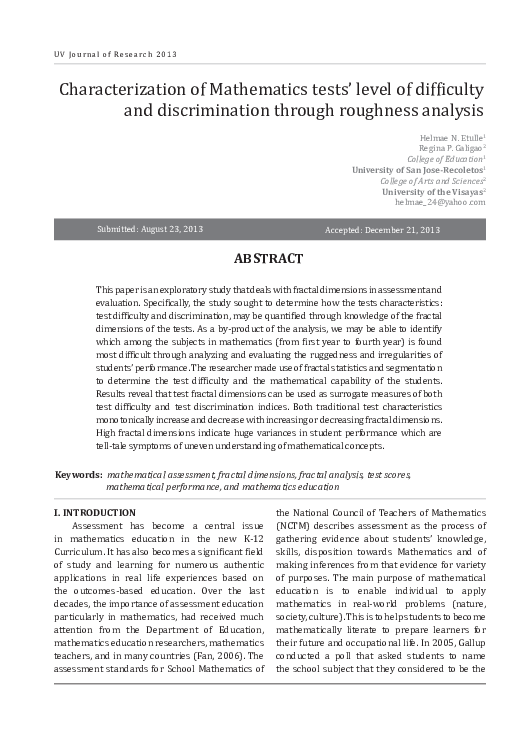 (PDF) Characterization of Mathematics tests' level of difficulty and ...