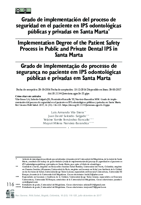 (PDF) Grado de implementación del proceso de seguridad en el paciente en IPS odontológicas ...