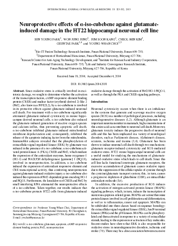 (PDF) Neuroprotective effects of α-iso-cubebene against glutamate-induced damage in the HT22 ...