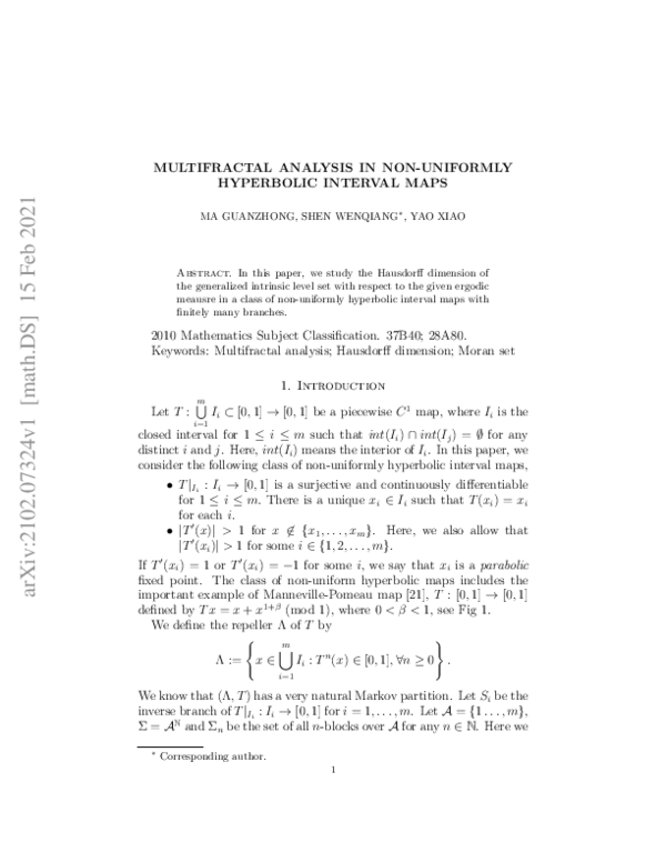 (PDF) Multifractal analysis in non-uniformly hyperbolic interval maps