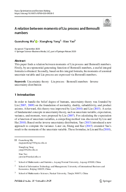 (PDF) A relation between moments of Liu process and Bernoulli numbers