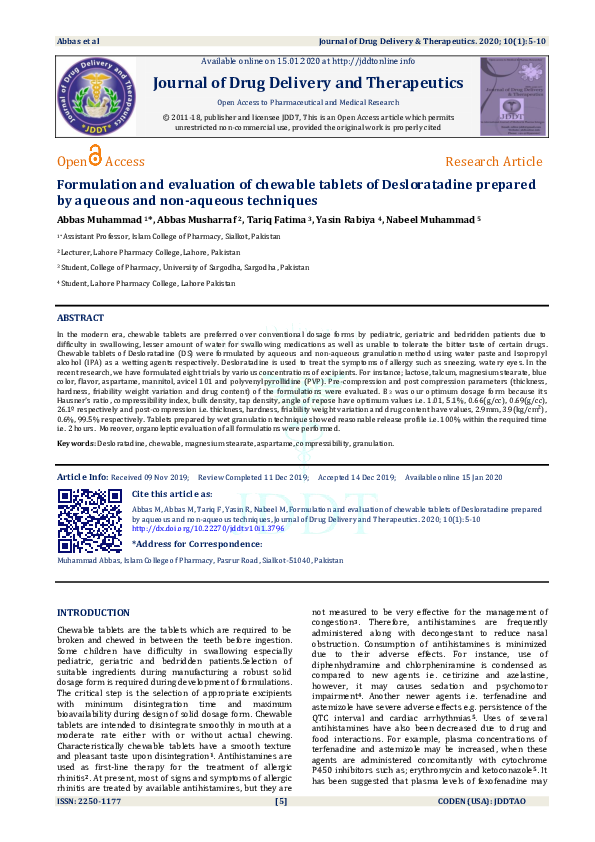 Pdf Formulation And Evaluation Of Chewable Tablets Of Desloratadine Prepared By Aqueous And