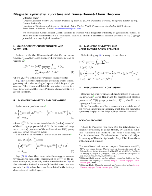(PDF) Magnetic Symmetry, Curvature and Gauss-Bonnet-Chern Theorem