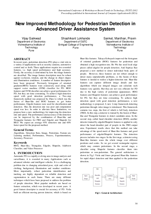 Pdf New Improved Methodology For Pedestrian Detection In Advanced Driver Assistance System