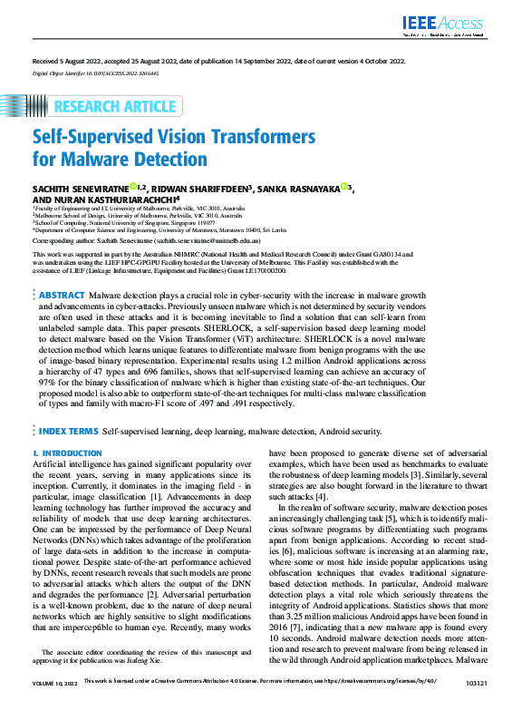 (PDF) Self-Supervised Vision Transformers for Malware Detection