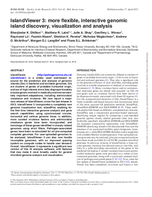 (PDF) IslandViewer 3: more flexible, interactive genomic island discovery, visualization and ...