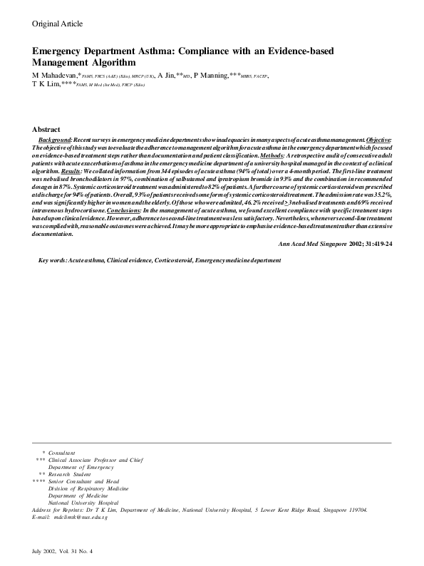 (PDF) Emergency department asthma: compliance with an evidence-based management algorithm