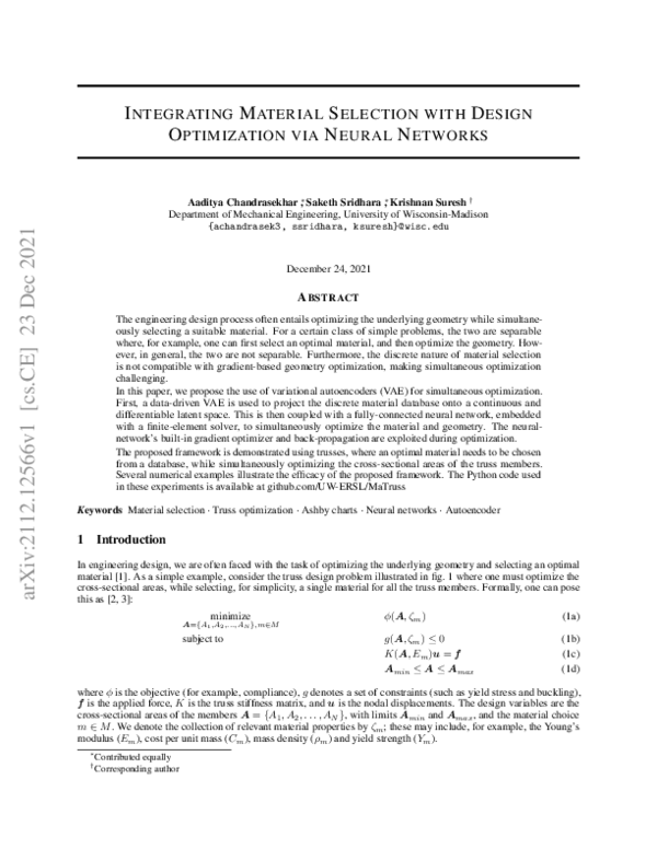 Pdf Integrating Material Selection With Design Optimization Via Neural Networks