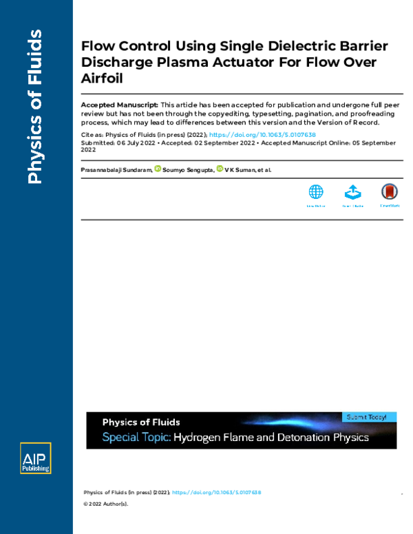 (PDF) Flow control using single dielectric barrier discharge plasma actuator for flow over airfoil