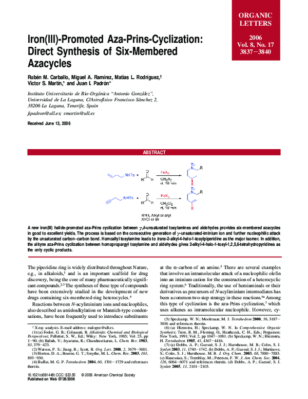 (PDF) Iron(III)-Promoted Aza-Prins-Cyclization: Direct Synthesis of Six ...