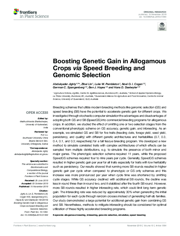 (PDF) Boosting Genetic Gain in Allogamous Crops via Speed Breeding and Genomic Selection