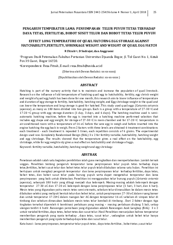 (PDF) Pengaruh Temperatur Lama Penyimpanan Telur Puyuh Tetas Terhadap ...