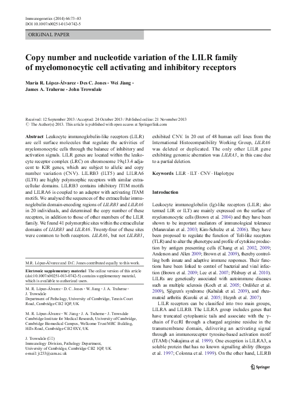 (PDF) Copy number and nucleotide variation of the LILR family of ...