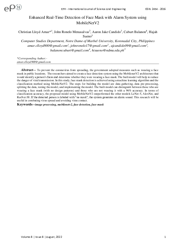 Pdf Enhanced Real Time Detection Of Face Mask With Alarm System Using