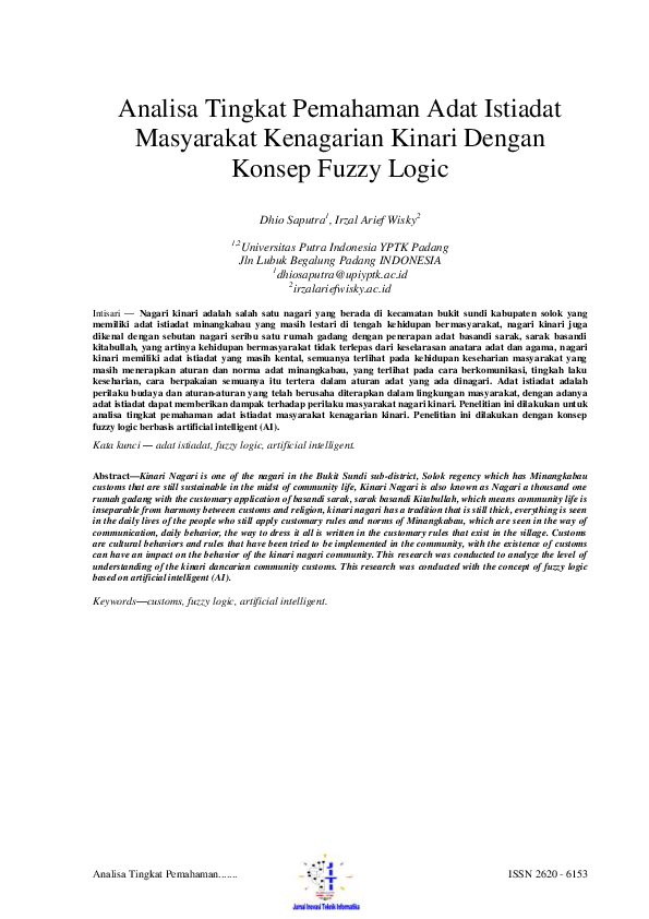 (PDF) Analisa Tingkat Pemahaman Adat Istiadat Masyarakat Kenagarian Kinari Dengan Konsep Fuzzy Logic