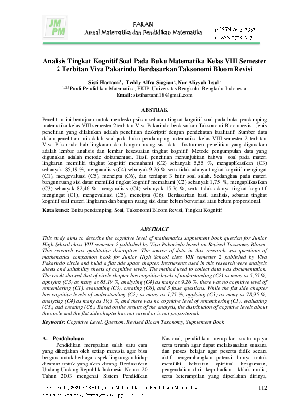 (PDF) Analisis Tingkat Kognitif Soal Pada Buku Matematika Kelas VIII Semester 2 Terbitan Viva ...
