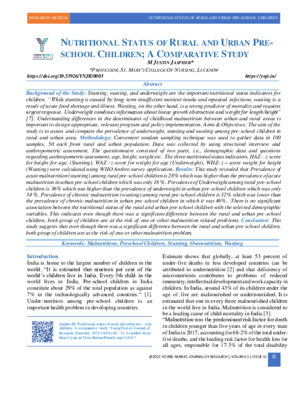 (PDF) A Comparative Study to Assess the Nutritional Status of Urban and Rural Pre-school Children