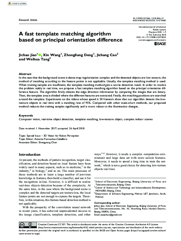 Pdf A Fast Template Matching Algorithm Based On Principal Orientation Difference