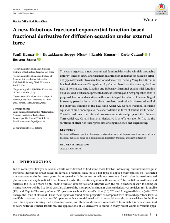 Pdf A New Rabotnov Fractional‐exponential Function‐based Fractional Derivative For Diffusion